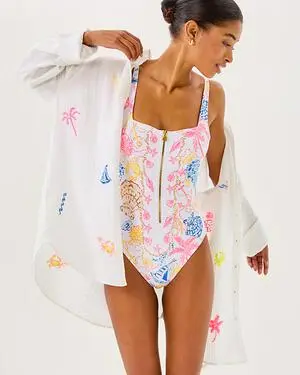 LILLY PULITZER Kwitney Long Sleeve Cover-up Resort White Beachcomber Embroidery