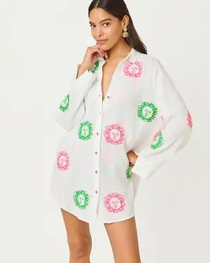 LILLY PULITZER Kwitney Long Sleeve Cover-up - Resort White Fleur De Lilly Embroidered Coverup