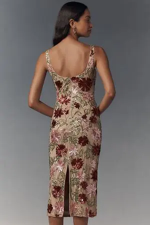 Mac Duggal Floral Beaded Mesh Midi Dress - Multicolor | Editorialist