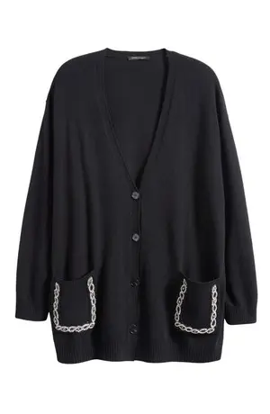 Marina Rinaldi Pavido Rhinestone Pocket Wool & Cashmere Cardigan - Black