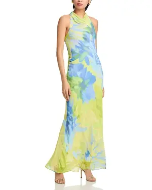 Aqua Printed Chiffon Maxi Dress