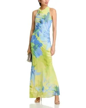 Aqua Printed Chiffon Maxi Dress