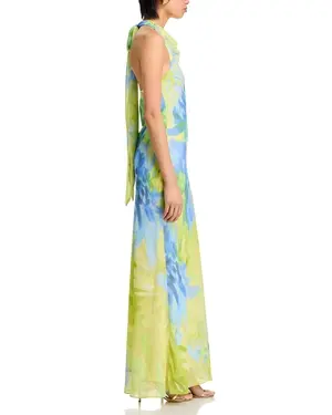 Aqua Printed Chiffon Maxi Dress