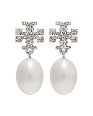 Tory Burch Kira Pave & Cultured Freshwater Pearl Drop Earrings Silver