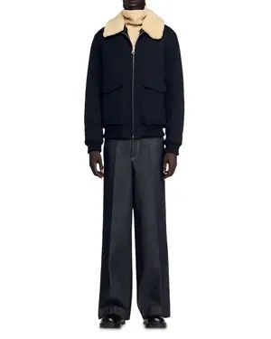 Sandro Shearling Collar Aviator Jacket - Navy Blue