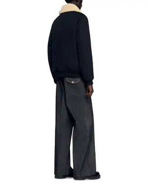 Sandro Shearling Collar Aviator Jacket - Navy Blue