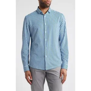 Stone Rose Trim Fit Techno Stretch Stripe Performance Button-up Shirt - Navy
