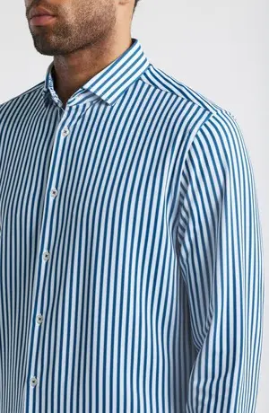 Stone Rose Trim Fit Techno Stretch Stripe Performance Button-up Shirt - Navy