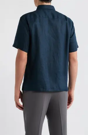 Theory Irving Solid Short Sleeve Linen Button-up Shirt - Baltic