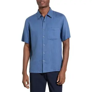 Theory Irving Solid Short Sleeve Linen Button-up Shirt - Bering