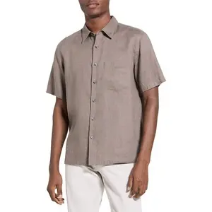 Theory Irving Solid Short Sleeve Linen Button-up Shirt - Morel