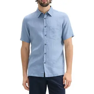Theory Irving Solid Short Sleeve Linen Button-up Shirt Rainstorm