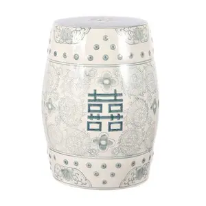 JONATHAN Y Double Happiness 18" Chinoiserie Ceramic Drum Garden Stool - Gray Blue/white