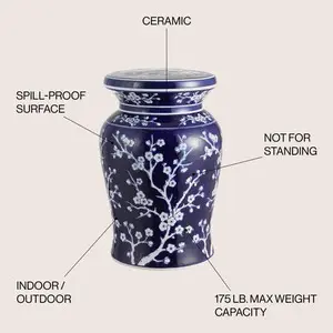 JONATHAN Y Cherry Blossom 17.75" Ceramic Garden Stool - Navy/white