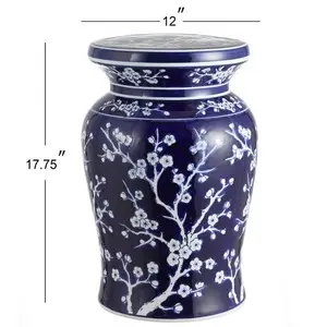 JONATHAN Y Cherry Blossom 17.75" Ceramic Garden Stool - Navy/white