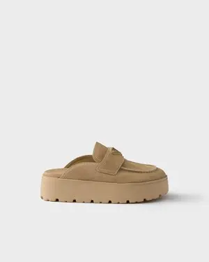 Prada Suede Flatform Mules - Ecru
