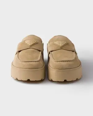 Prada Suede Flatform Mules - Ecru