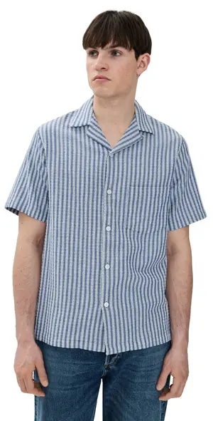 Portuguese Flannel Jacquard Camp Collar Shirt Chambray