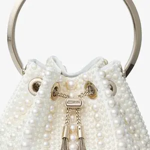 JIMMY CHOO Bon Bon Ivory Satin Pearl Bucket Bag - Neutral
