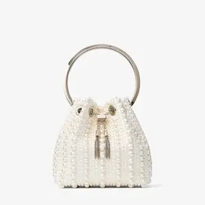 JIMMY CHOO Jimmy Choo Bon Bon Ivory Satin Pearl Bucket Bag Neutral