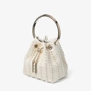 JIMMY CHOO Bon Bon Ivory Satin Pearl Bucket Bag - Neutral
