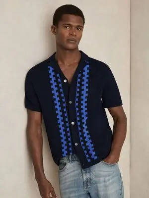 REISS Addington Geometric Cuban-collar Knit Shirt