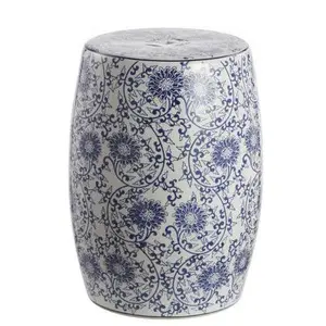 JONATHAN Y Lotus Blossom 17.5" Chinoiserie Ceramic Drum Garden Stool - Blue/white