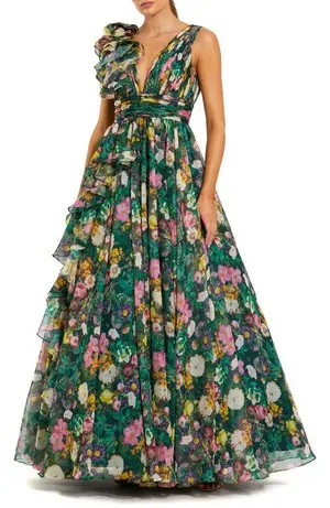 Mac Duggal Sleeveless V-neck Ruffled Floral Chiffon Ballgown - Deep Green Multi