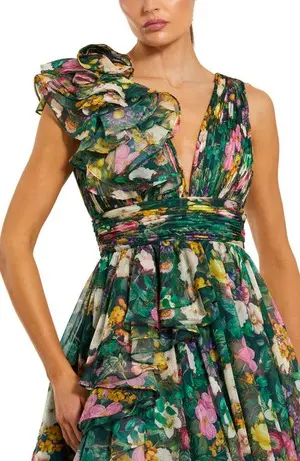 Mac Duggal Sleeveless V-neck Ruffled Floral Chiffon Ballgown - Deep Green Multi