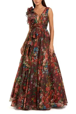 Mac Duggal Ruffle Shoulder V-neck Floral Gown - Wine Multi