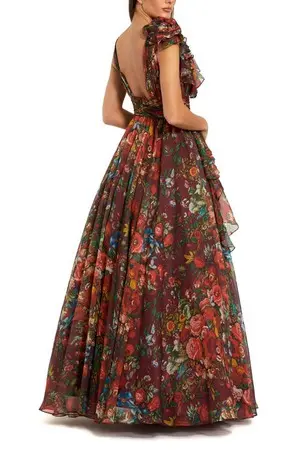 Mac Duggal Ruffle Shoulder V-neck Floral Gown - Wine Multi