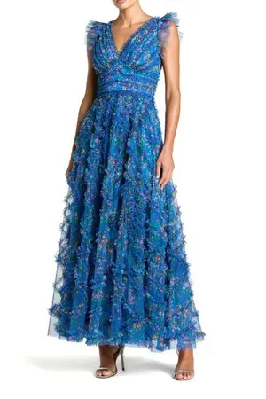 Mac Duggal Floral V-neck Ruffle Tiered Maxi Dress - Blue Multi