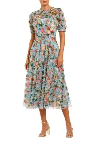 Mac Duggal Floral Printed Mesh Ruffle High Neck Midi Dress