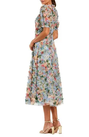 Mac Duggal Floral Printed Mesh Ruffle High Neck Midi Dress