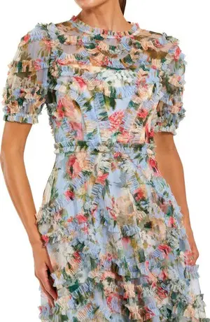 Mac Duggal Floral Printed Mesh Ruffle High Neck Midi Dress