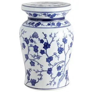 JONATHAN Y Cherry Blossom 17.75" Ceramic Garden Stool - White/blue