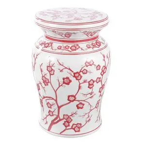 JONATHAN Y Cherry Blossom 17.75" Ceramic Garden Stool - White/red