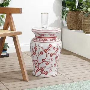 JONATHAN Y Cherry Blossom 17.75" Ceramic Garden Stool - White/red