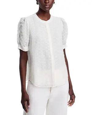 T Tahari Mandarin Collar Button Front Top - White Star