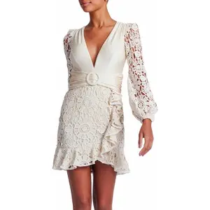 PatBO Crochet Plunge Mini Dress - Wheat
