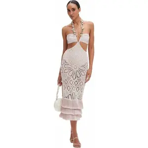 PatBO Flower Crochet Embroidered Halterneck Midi Dress - Beige