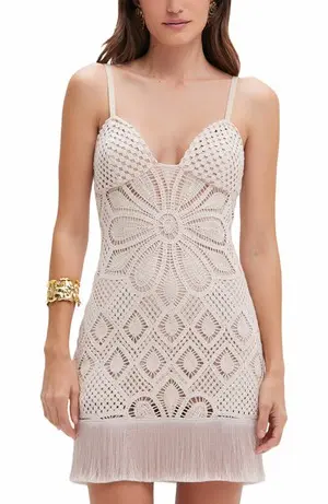 PatBO Crochet Embroidered Mini Dress With Fringe Trim