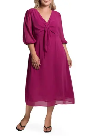 STANDARDS & PRACTICES Kenna Tie Front Chiffon Midi Dress - Fuchsia