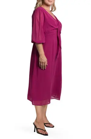 STANDARDS & PRACTICES Kenna Tie Front Chiffon Midi Dress - Fuchsia