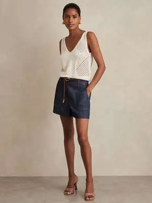 REISS Ashby Wide-leg Linen Shorts - Indigo