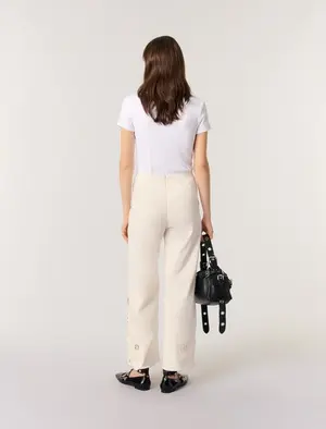 Maje Cream Wide-leg Trousers With Scalloped Embroidery