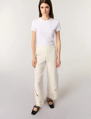 Maje Cream Wide-leg Trousers With Scalloped Embroidery