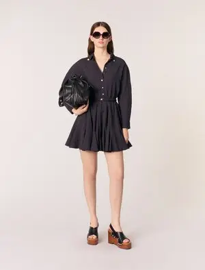 Maje Mini Crepe Dress With Belted Waist And Pleated Skirt