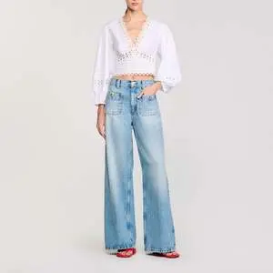 Sandro Poplin Crop Top With Lace Trim