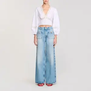 Sandro Poplin Crop Top With Lace Trim